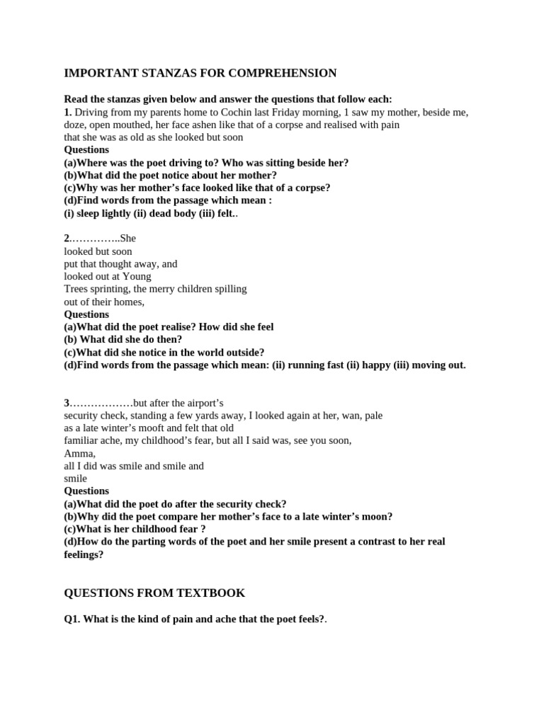 My Mother at Sixty Six Question Bank | PDF | Poetry