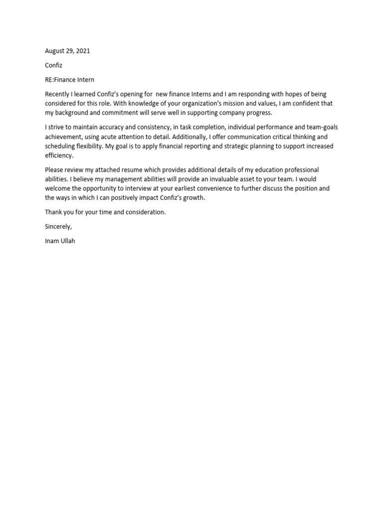 Cover Letter Confiz Internship | PDF