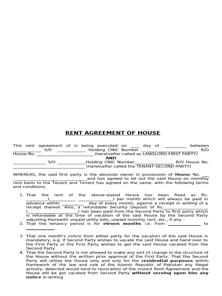 Rent Agreement of House Blank | PDF | Leasehold Estate | Lease
