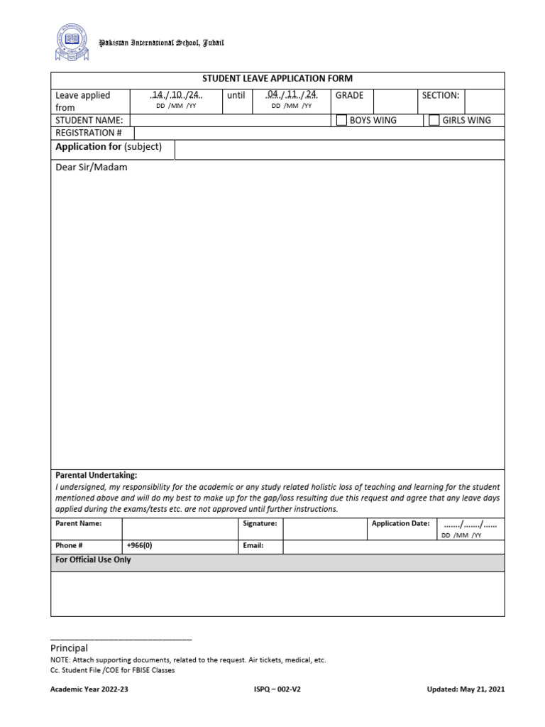 Student Leave Form 2022-23 | PDF