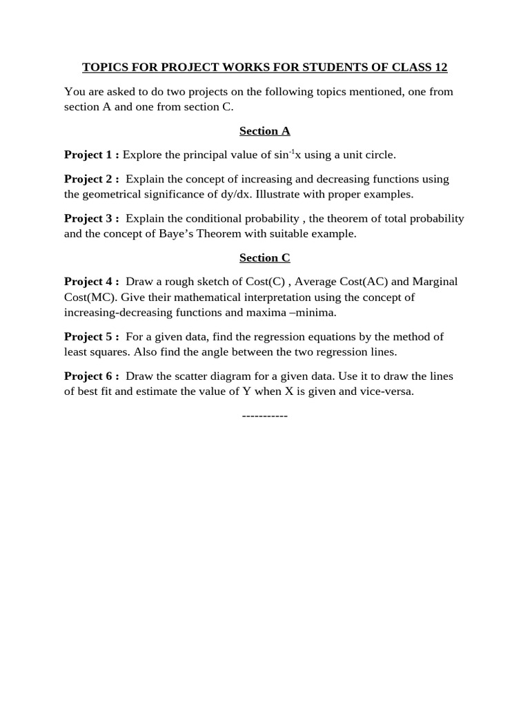 Topics For Project Works For Students of Class 12 | PDF | Teaching Methods & Materials