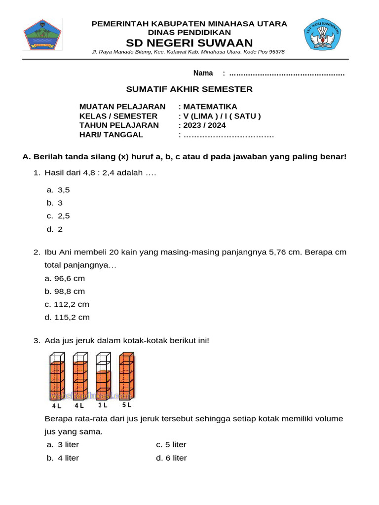 SOAL SAS KELAS 5 SEMESTER 1 MATEMATIKA | PDF