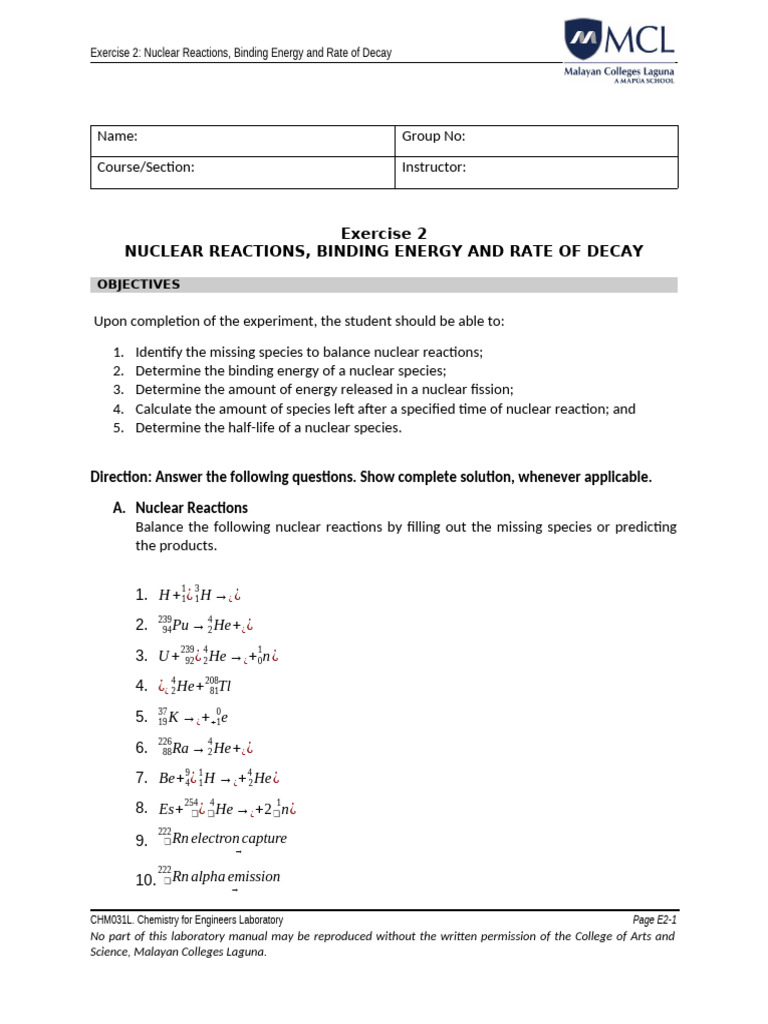 Exercise 2 Nuclear Reactions, Binding Energy and Rate of Decay | PDF ...