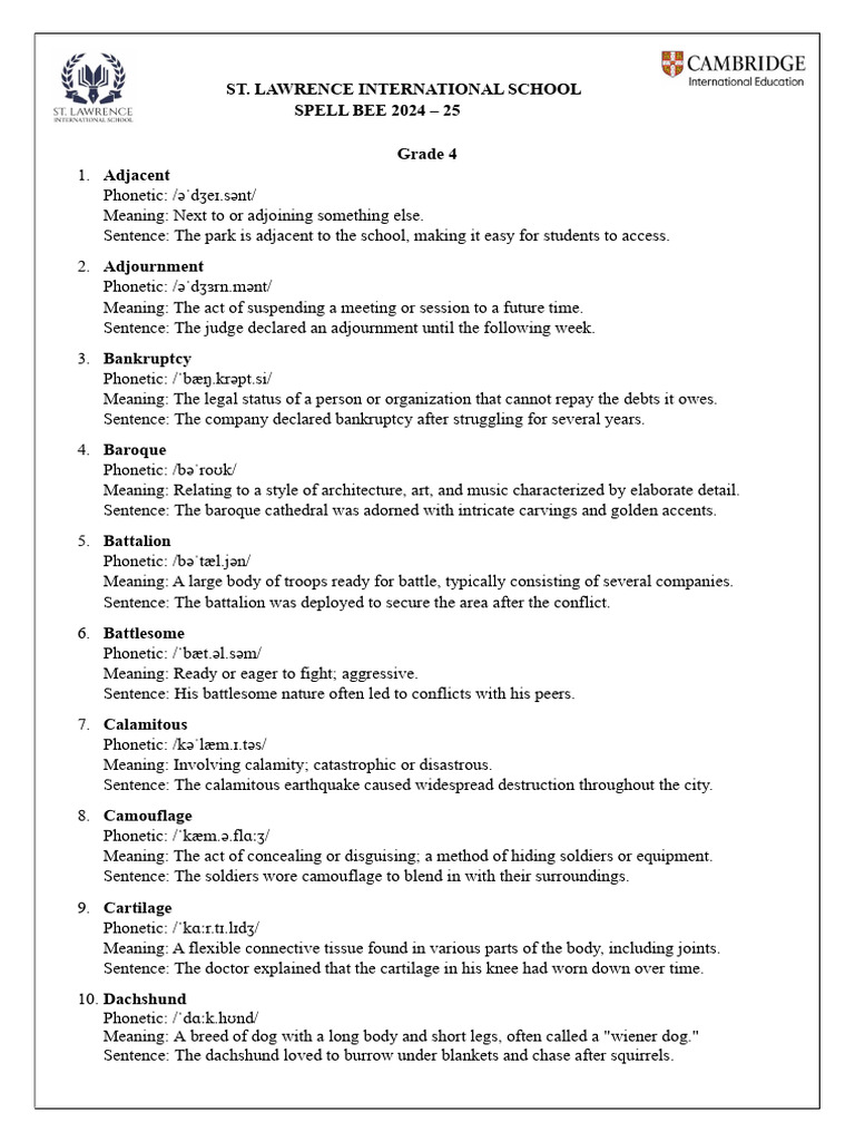 Grade 4 Spell Bee Vocabulary List | PDF | Zirconium