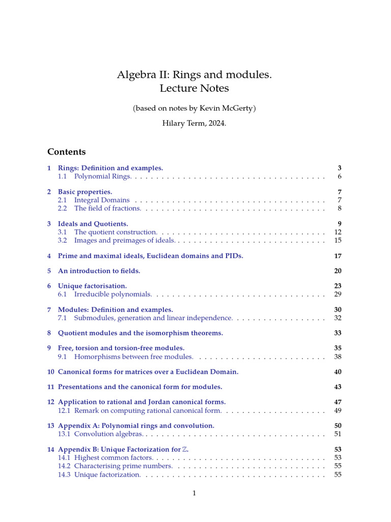 Algebra Ii: Rings and Modules. Lecture Notes: (Based On Notes by Kevin ...