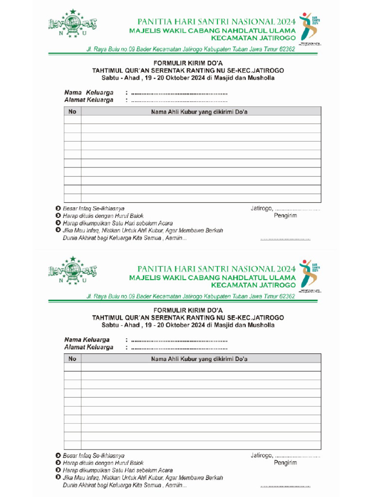 Formulir Kirim Do'a Panitia HSN | PDF