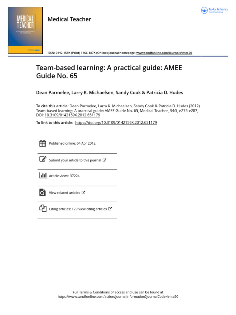 Team-Based Learning A Practical Guide AMEE Guide No. 65 | PDF | Behavior Modification ...