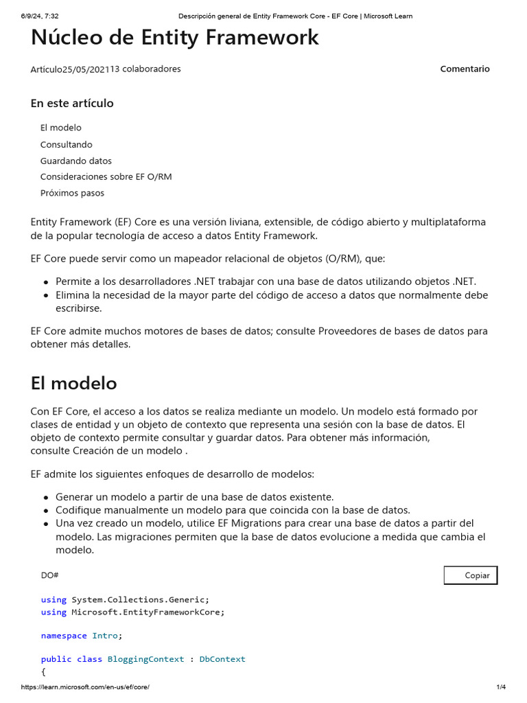 Descripción General de Entity Framework Core - EF Core - Microsoft Learn | PDF | Marco de la ...