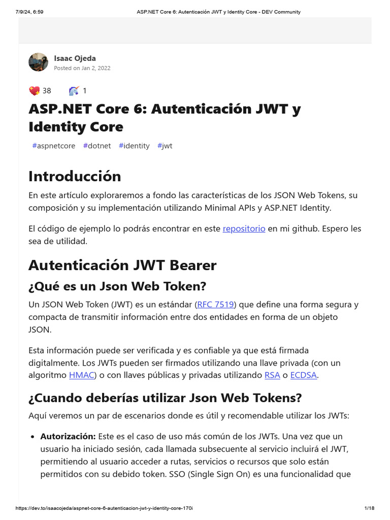 Core 6 - Autenticación JWT y Identity Core - DeV Community | PDF | Autenticación | Informática