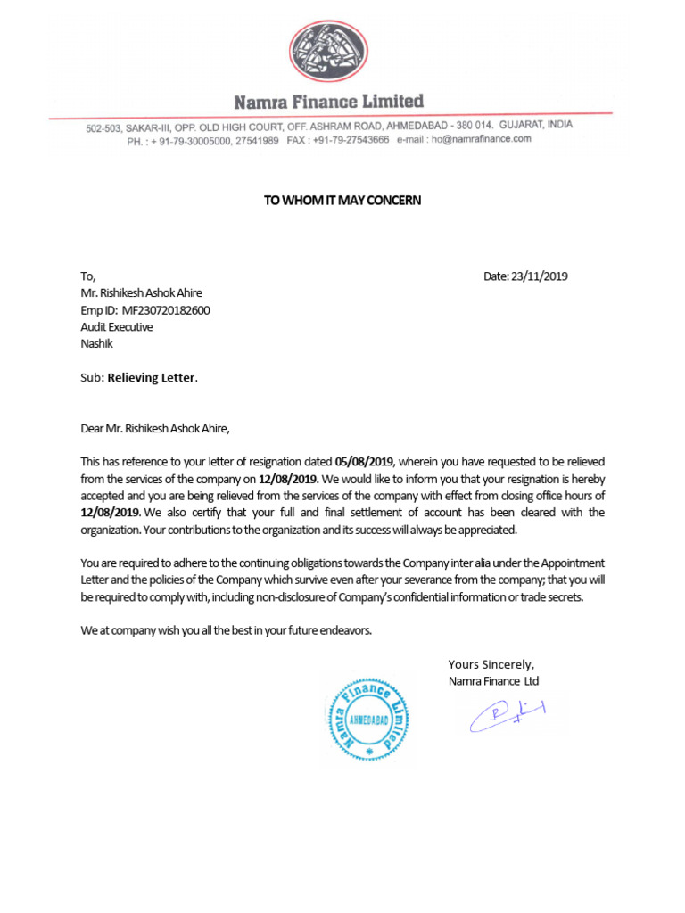 Namra Finance Relieving Letter for Rishikesh | PDF | Career & Growth ...