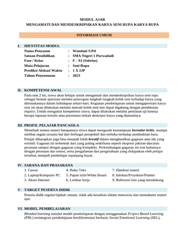 Seni Rupa Unit 2 - Mengamati Dan Mendeskripsikan | PDF