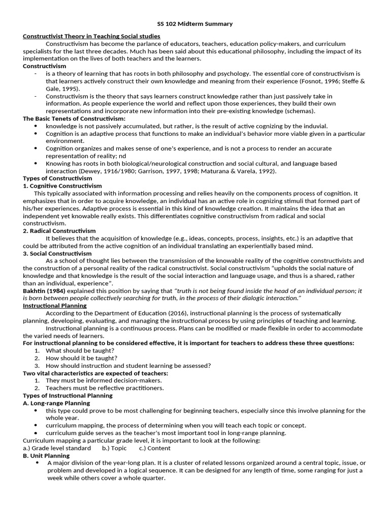 Midterm Summary 102 | PDF | Constructivism (Philosophy Of Education) | Learning