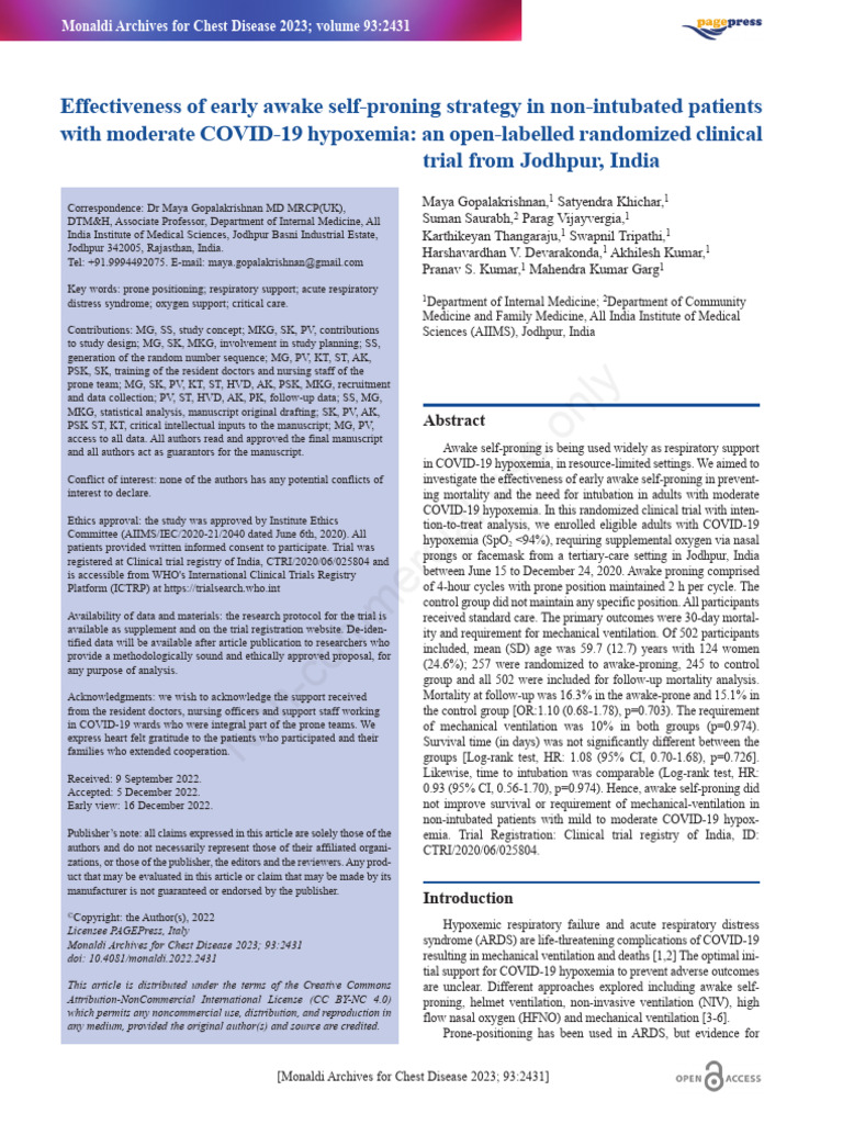 Awake Prone Positioning For COVID-19 Acute Hypoxaemic Respiratory ...