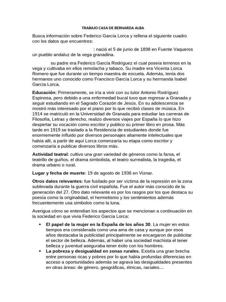 Trabajo Casa de Bernarda Alba | PDF | Federico García Lorca