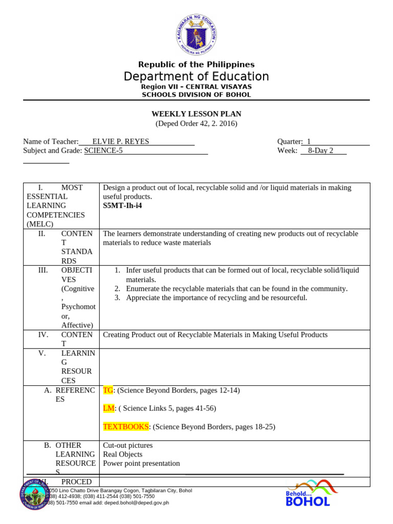 Cot Prototype Lesson Plan q1 Wk8 Day 2 | PDF | Recycling | Waste
