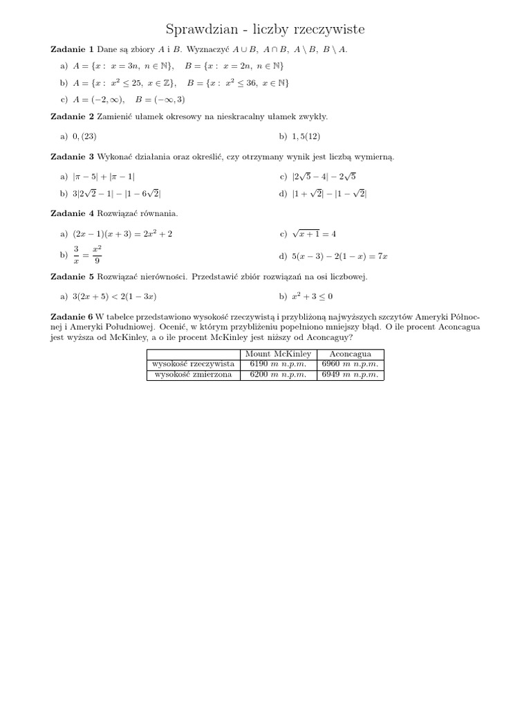 Sprawdzian - Liczby Rzeczywiste | PDF