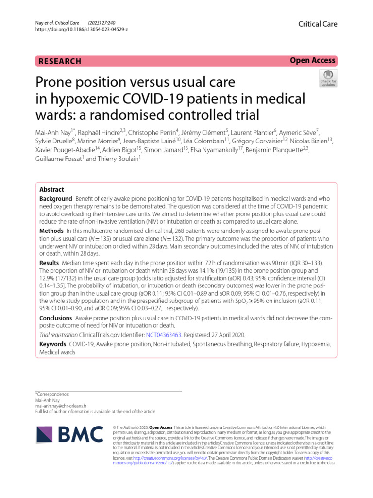 Prone Position Versus Usual Care in Hypoxemic COVID 19 Patients in ...