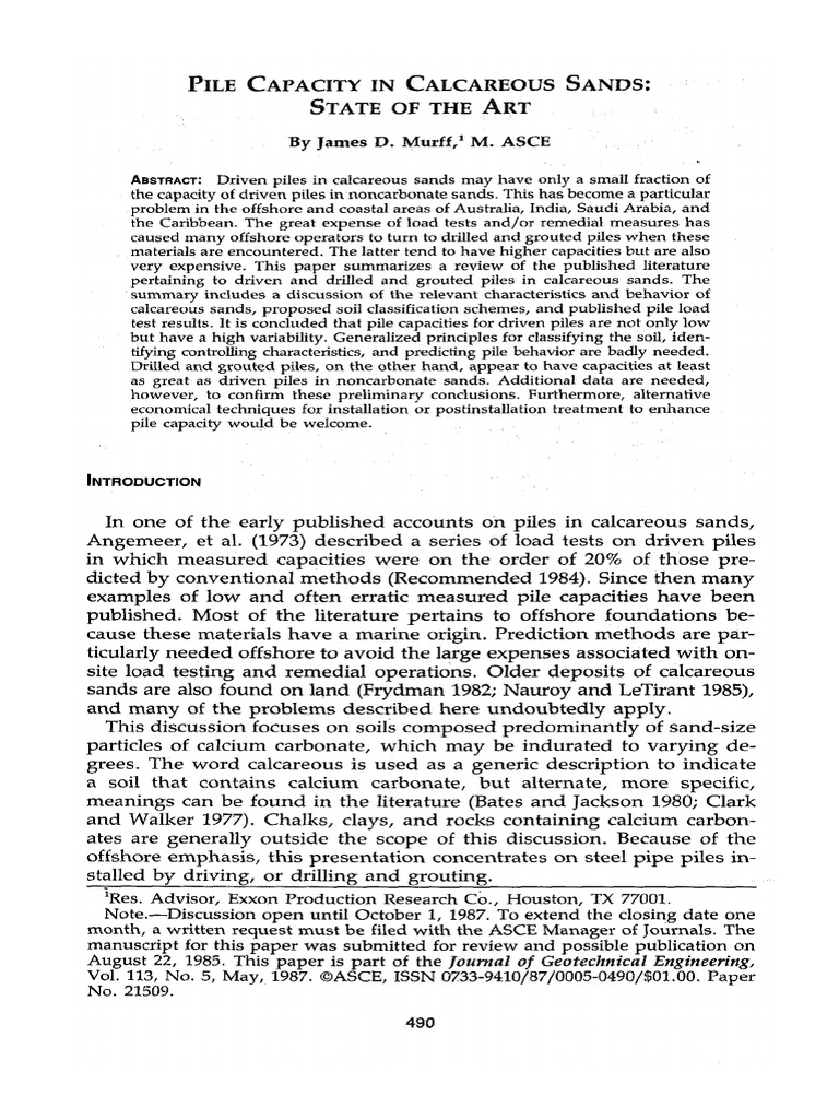 1987-murff-pile capacity in calcareous sand | PDF | Limestone | Deep ...