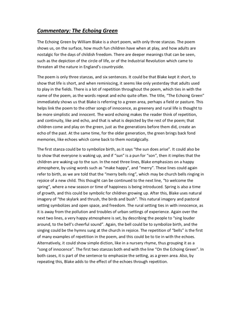 "The Echoing Green: Poem Summary" | PDF | Poetry