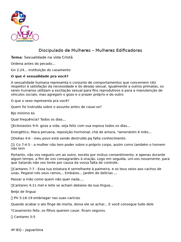 Tema 5 - Mulheres Edificadoras | PDF | Sexualidade humana | Relacionamentos íntimos