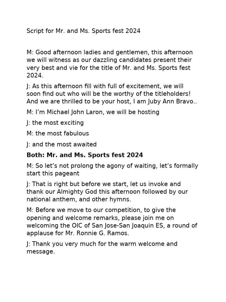 Script For MR and Ms Sportsfest 2024 | PDF