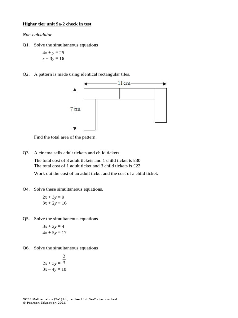 Higher Unit 09a-2 Check in Test - Solving Simultaneous Equations | PDF ...