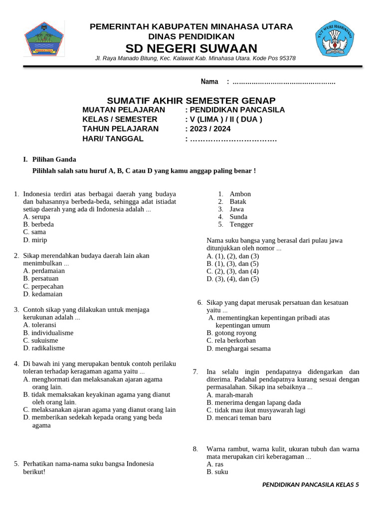 Soal Sas Kelas 5 Semester 2 PKN | PDF