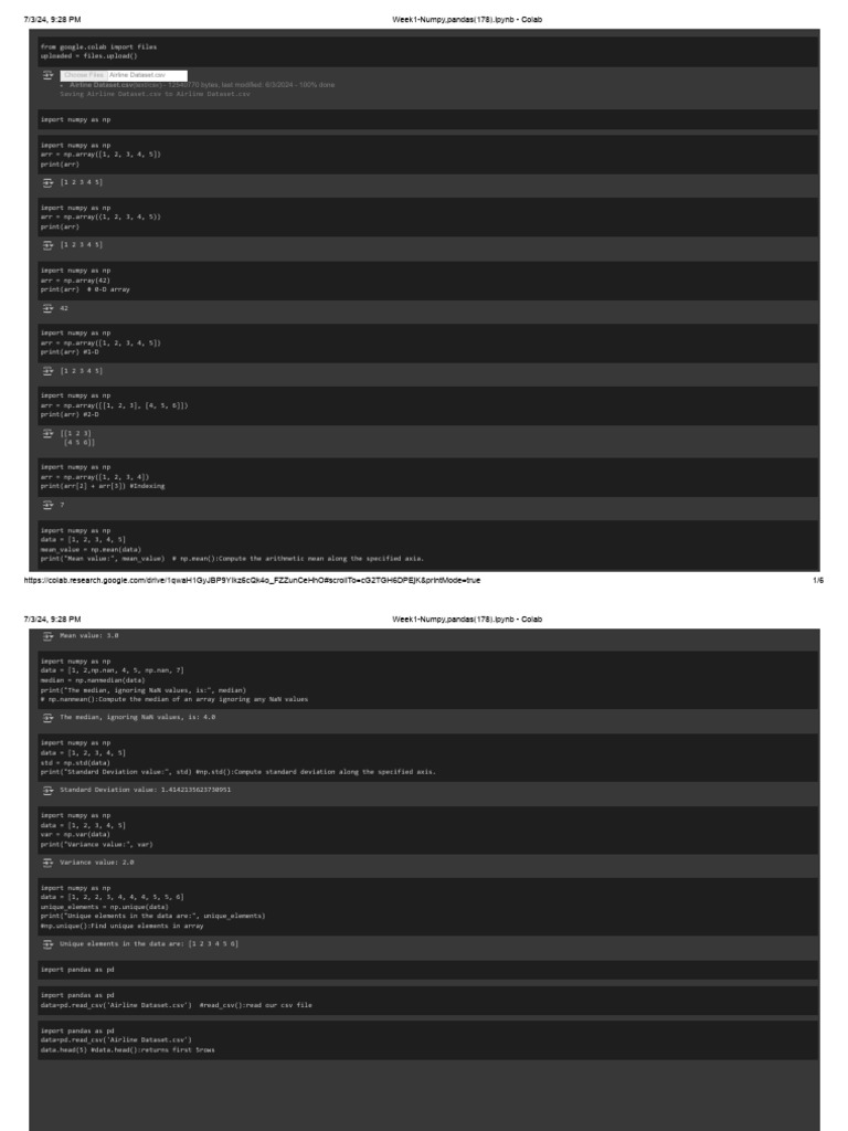 Week1 Numpy Pandas 178 Ipynb Colab Pdf Median Computing