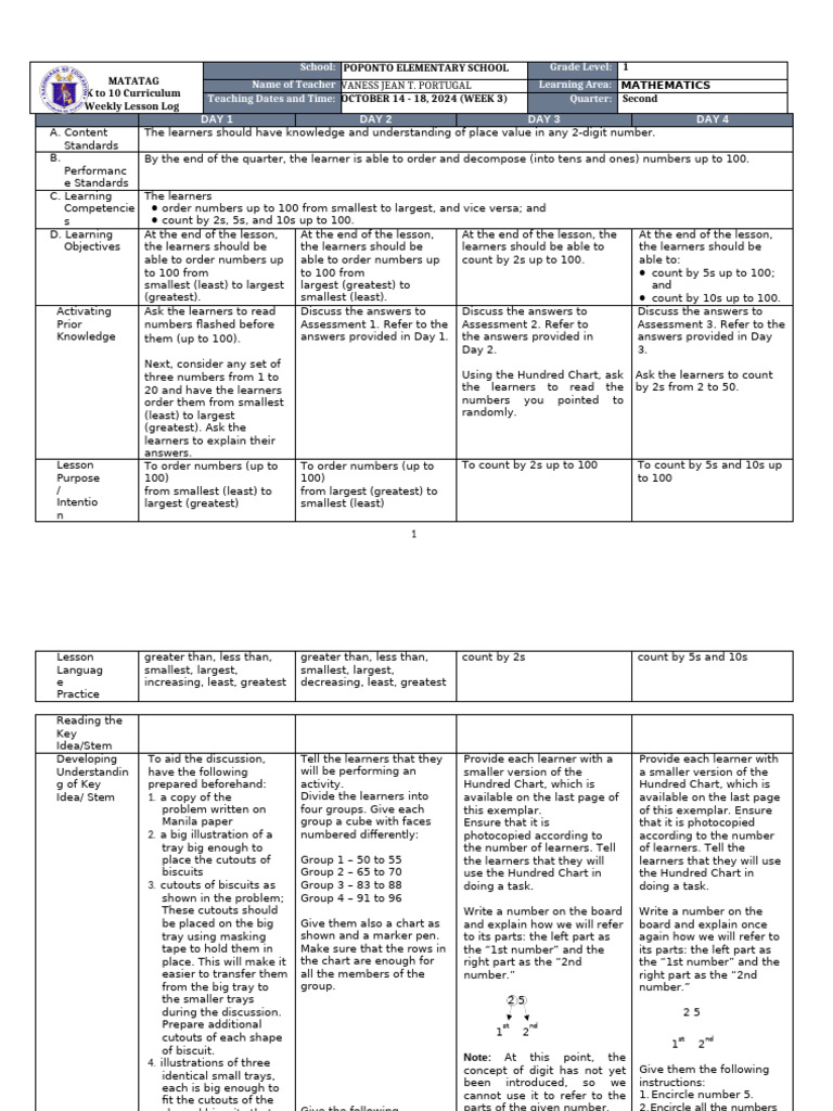 DLL Matatag - Mathematics 1 - Q2 - W3 | PDF | Learning | Cognition