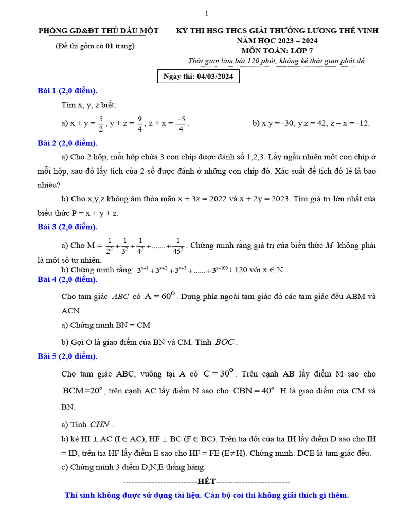 2. Đề thi HSG Toán LTV-Lớp 7 - NH 2023-2024 | PDF