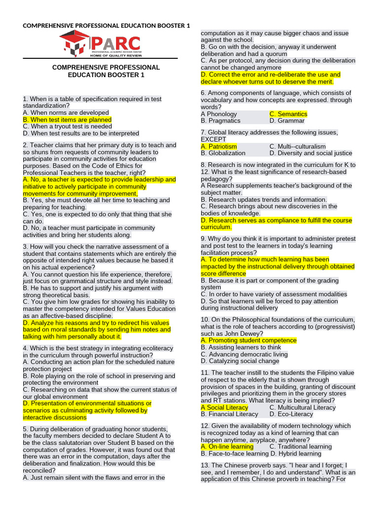 Comprehensive Profed Booster 1 KTC | PDF | Learning | Teachers