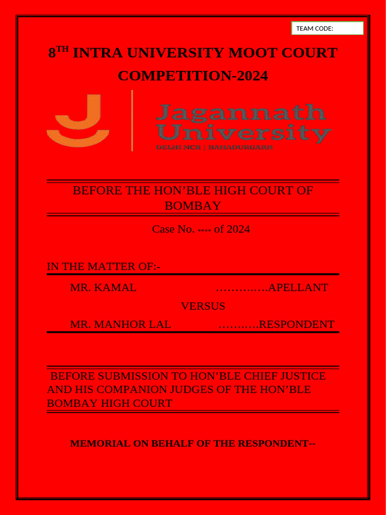 Memorial For Respondent 8 TH Intra Moot Court | PDF | Intention (Criminal Law) | Murder
