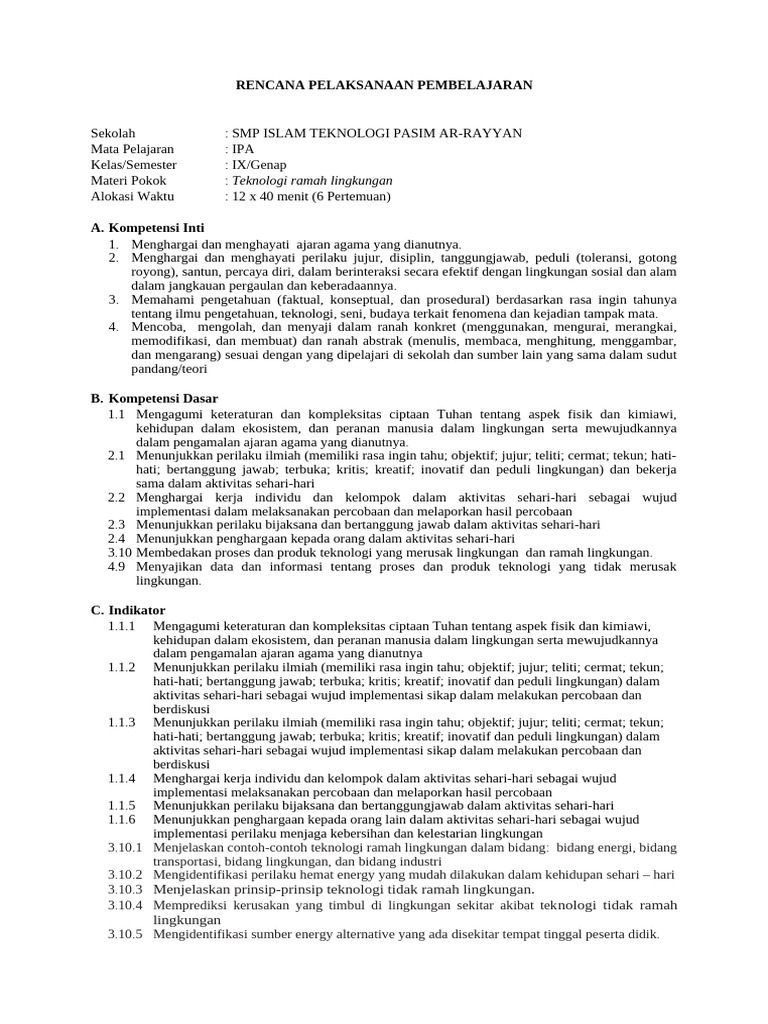 Bab 9 Rpp. 9 Teknologi Ramah Lingkungan | PDF