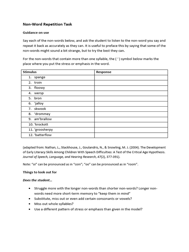 Non-Word Repetition Task Guide | PDF