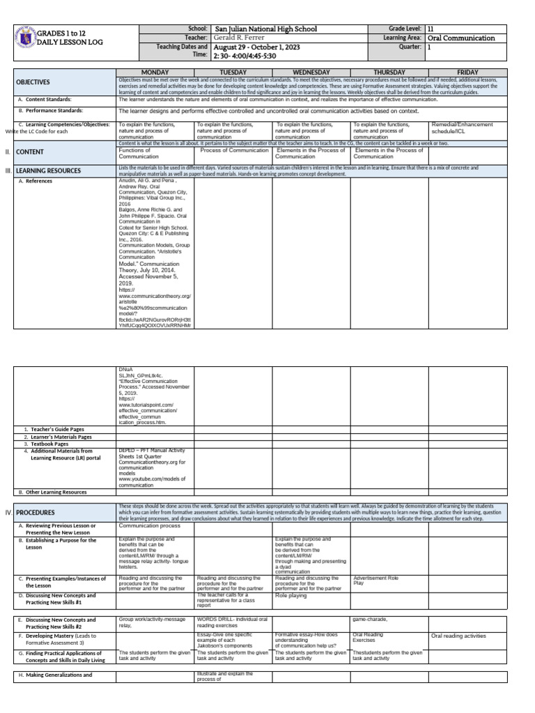 DLL Oral Com Week 1 To Print | PDF | Teachers | Learning
