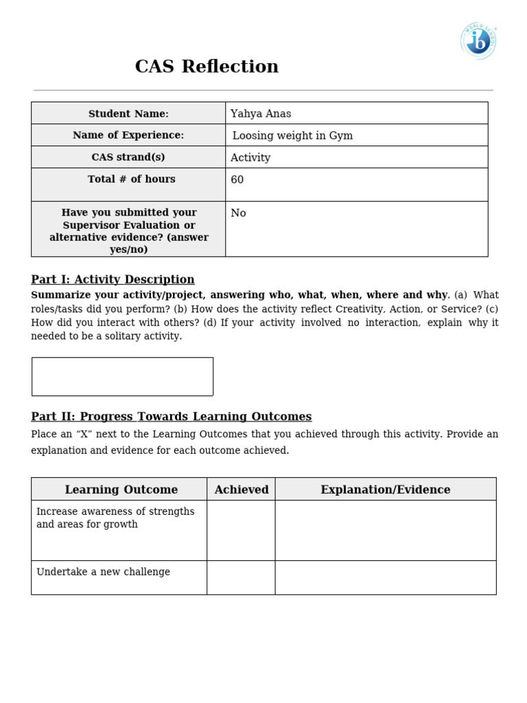 CAS Reflection: Yahya Anas Loosing Weight in Gym Activity 60 No | PDF