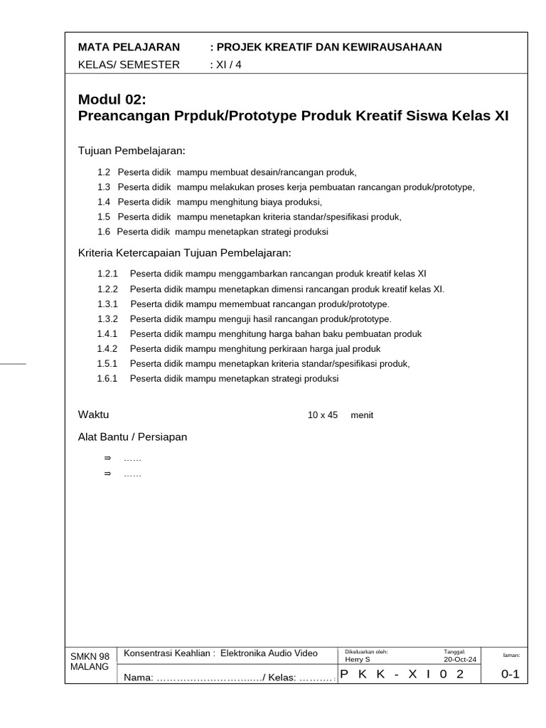 02 Contoh Modul Ajar - PKK - Perancangan Produk - Prototype | PDF