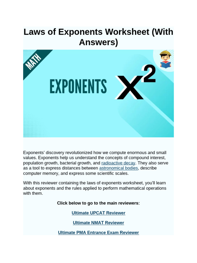 Laws of Exponents Worksheet | PDF | Exponentiation | Multiplication