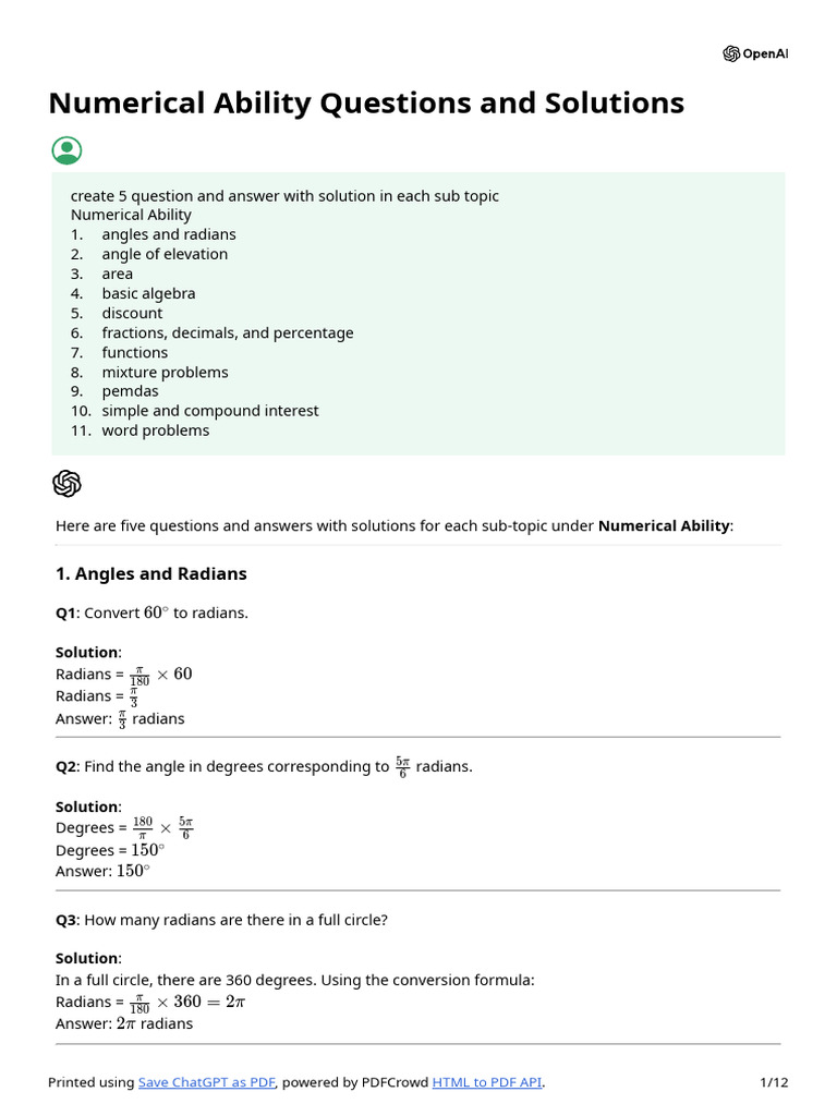 Numerical Ability Questions and Solutions | PDF | Area | Pi