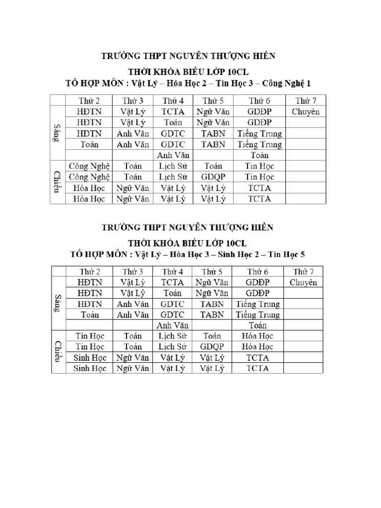 Thời Khóa Biểu Lớp 10cl | PDF