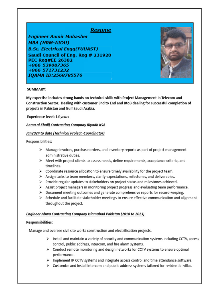 Aamir Mubasher CV 1 | PDF | Project Management | Electrical Engineering