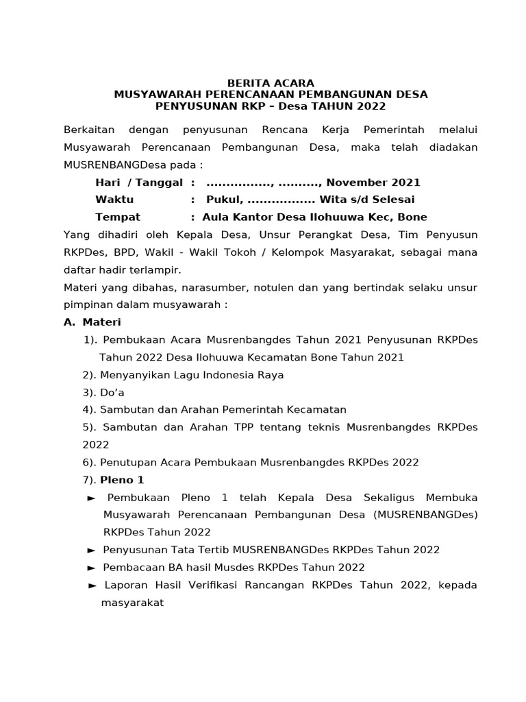 Berita Acara & Notulen Musrenbangdes RKPDes | PDF