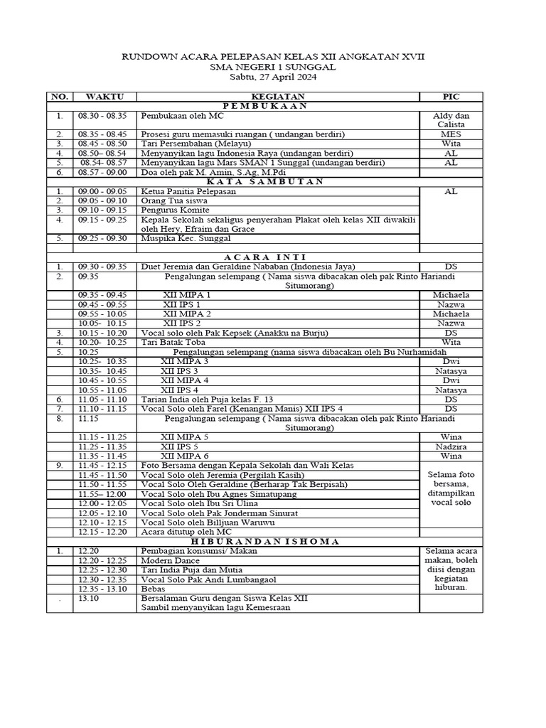 Rundown Pelepasan Kelas XII SMA 1 Sunggala | PDF