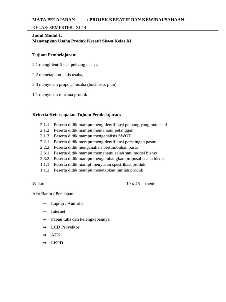 01 Contoh Modul Ajar - PKK - Menyusun Proposal Usaha Produk Kelas XI | PDF