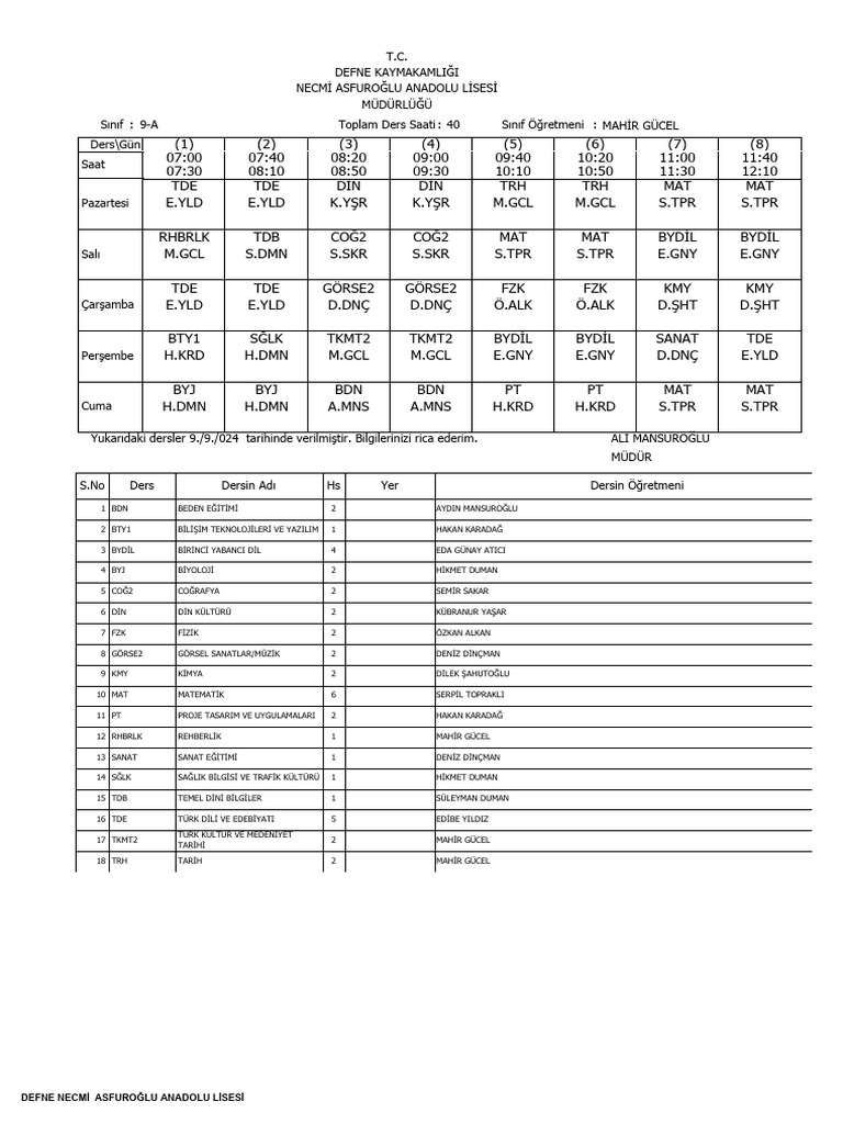 Naal Sinif Ders Programi 9 Eylül | PDF