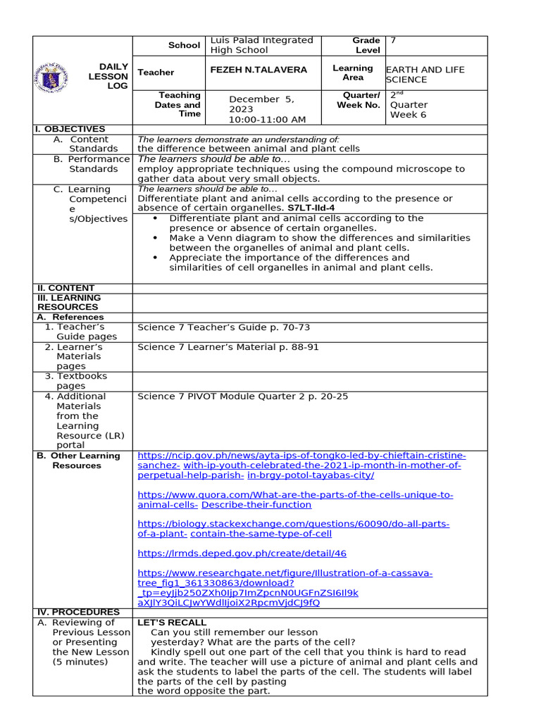 7th Grade Cell Comparison Lesson Plan | PDF | Learning | Teachers