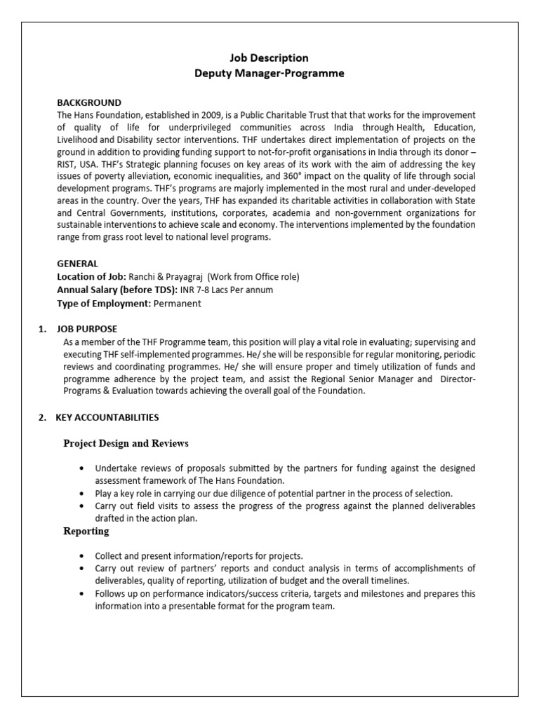 JD - Deputy Program Manager | PDF | Evaluation | Poverty Reduction