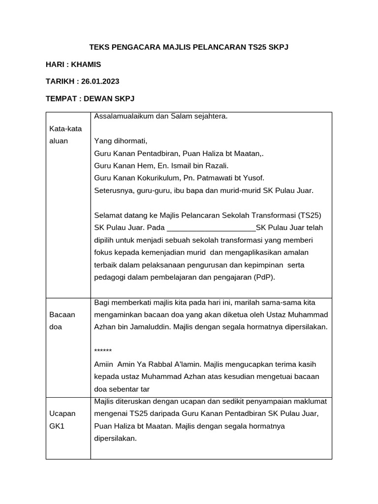 Teks Pengacara Majlis Pelancaran TS25 SKPJ | PDF