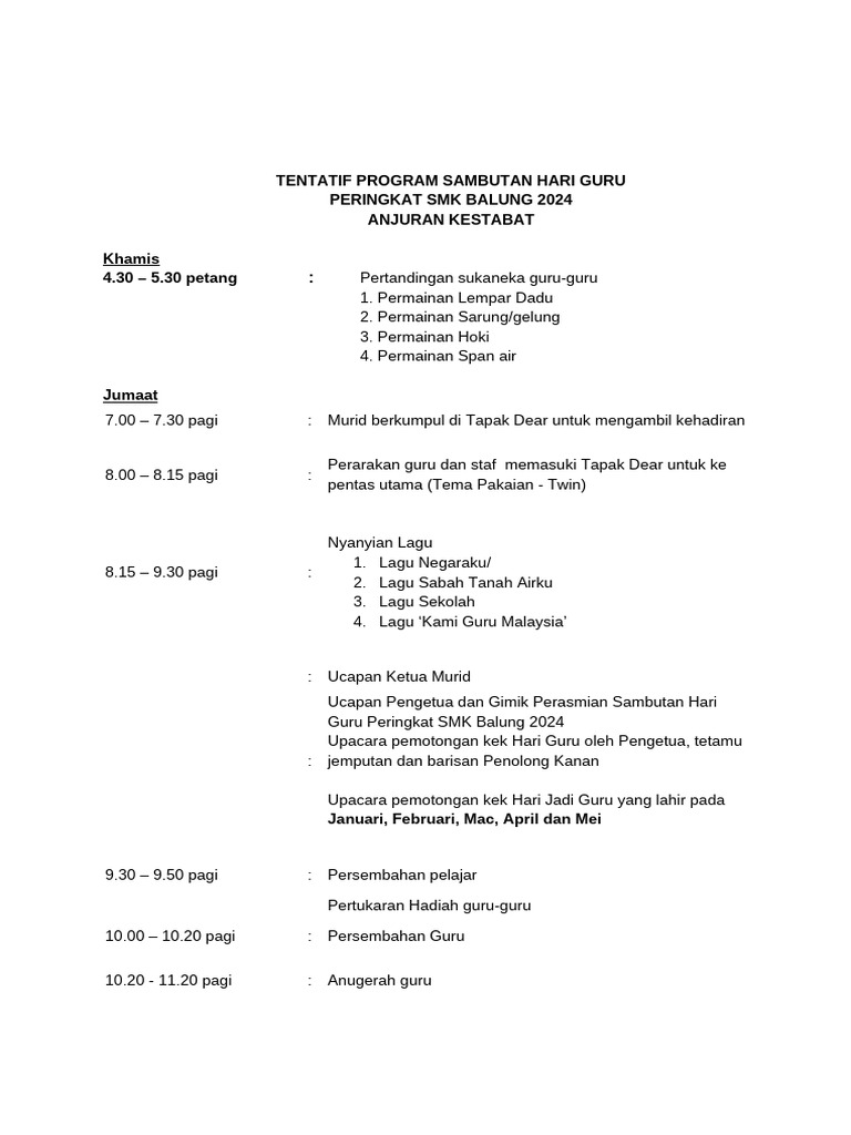 Tentatif Sambutan Hari Guru 2024 | PDF