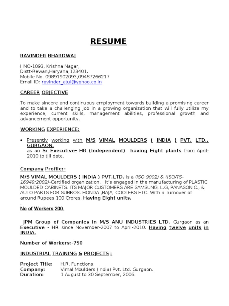 CV - Ravinder Bhardwaj | PDF | Employment | Labor